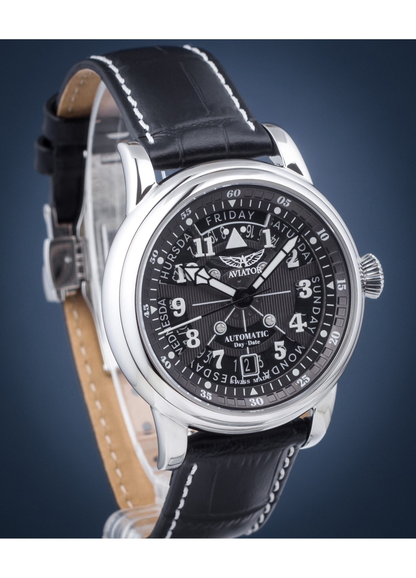 Ceas barbatesc, Aviator, Inox/Piele naturala, Negru - eMAG.ro