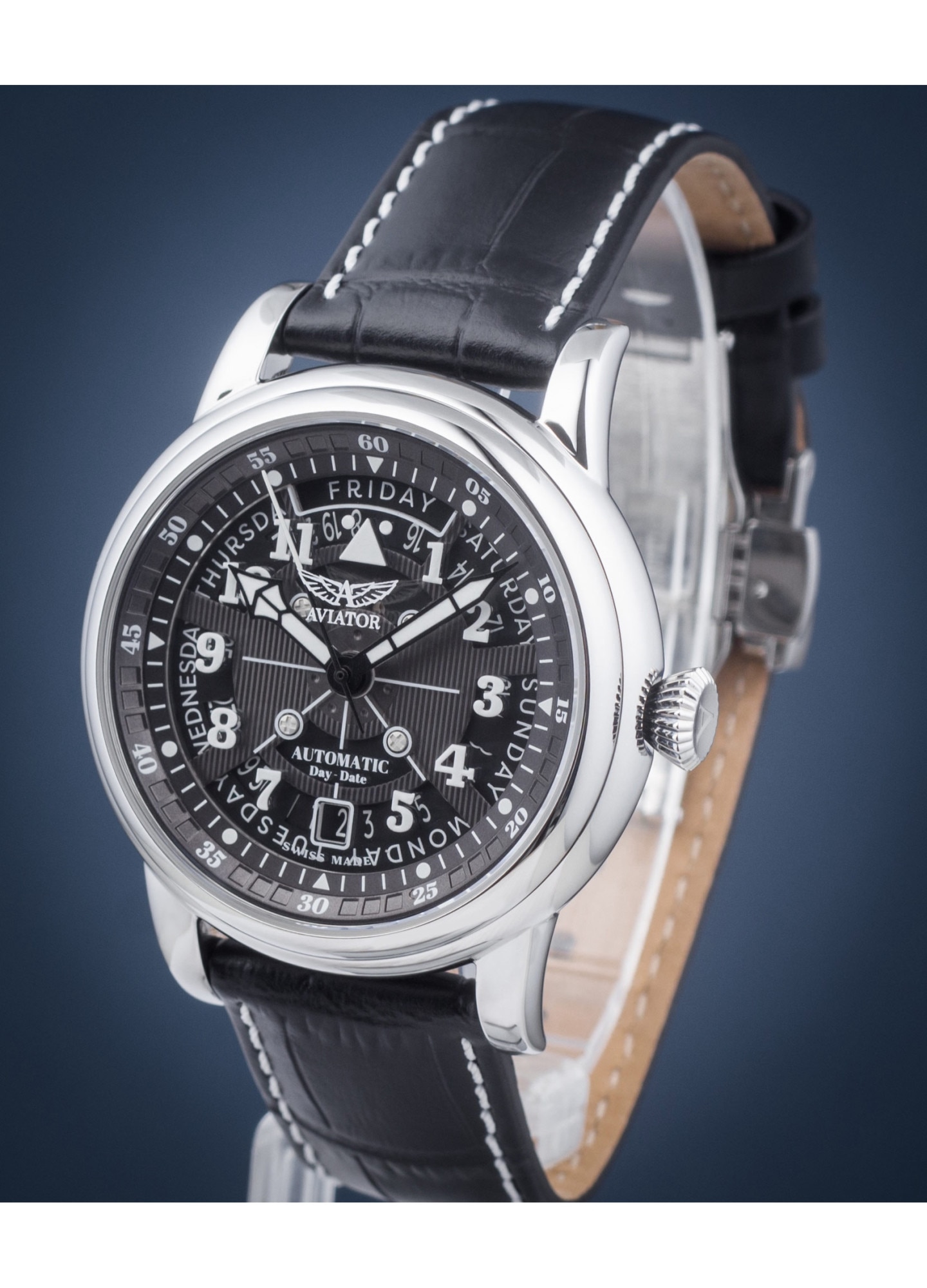 Ceas barbatesc, Aviator, Inox/Piele naturala, Negru - eMAG.ro