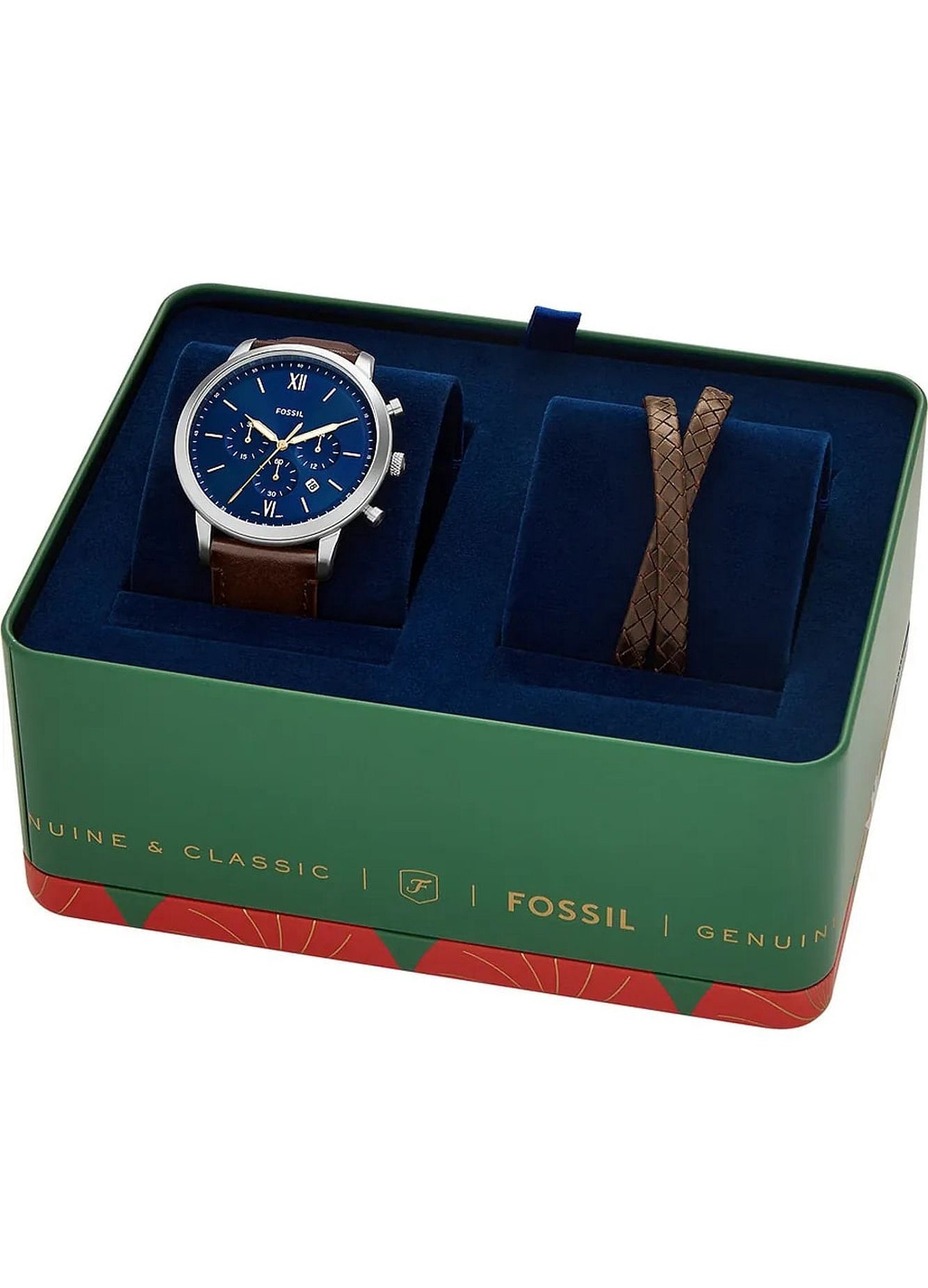Set ceas pentru barbati, Fossil, Inox/Piele naturala, Cuart, Maro - eMAG.ro