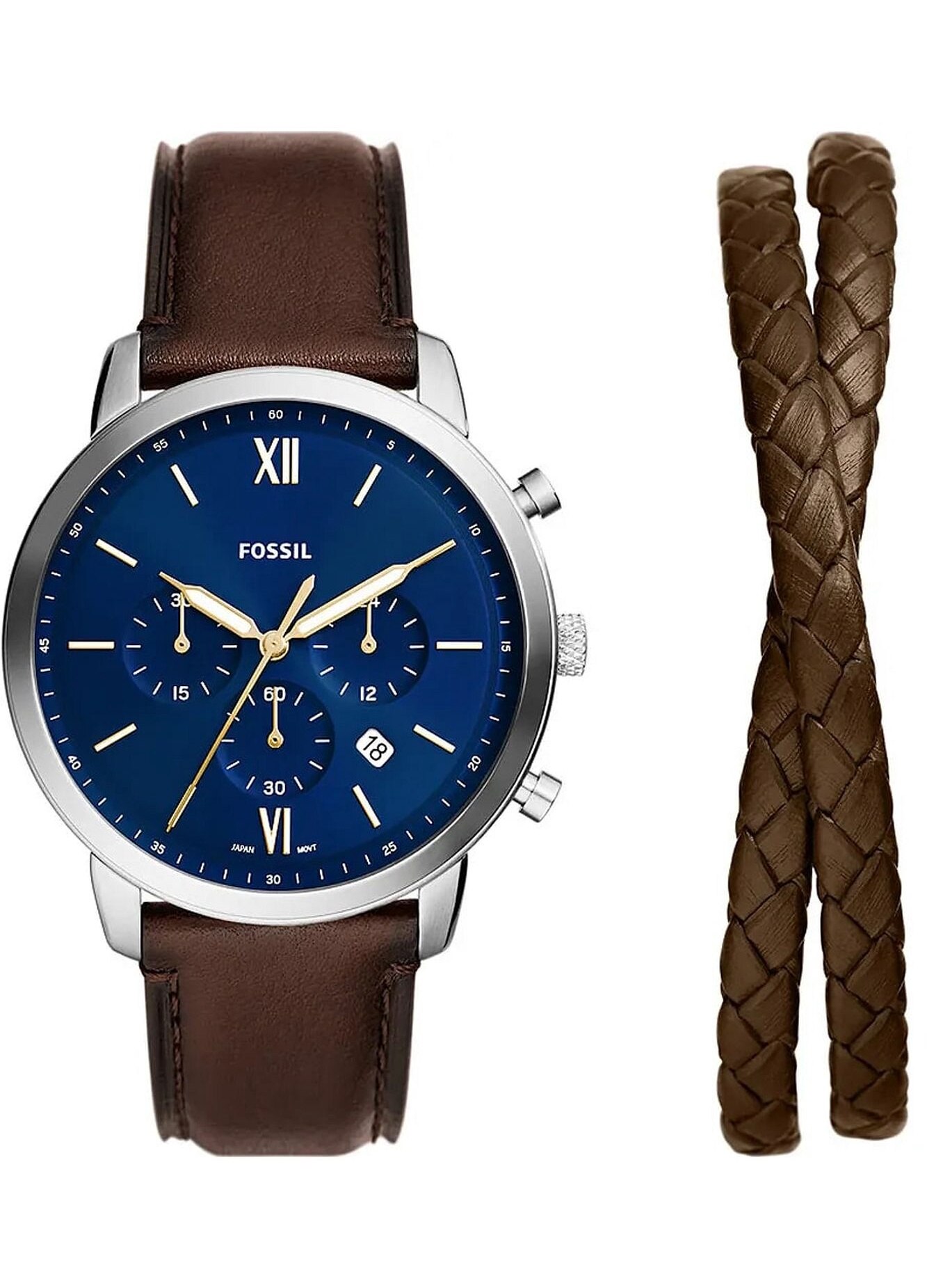 Set ceas pentru barbati, Fossil, Inox/Piele naturala, Cuart, Maro - eMAG.ro