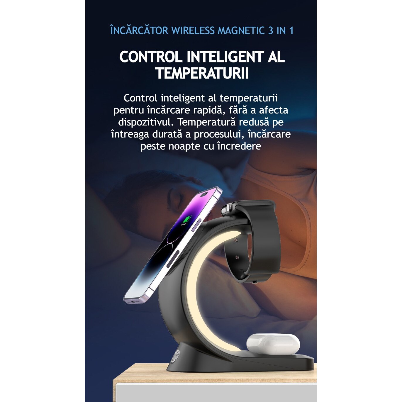 Incarcator Wireless 3 in 1 cu Lumini RGB VENTLEX, Tip statie de ...