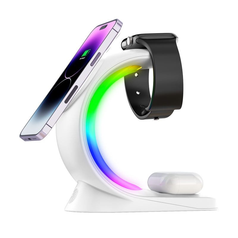 Incarcator Wireless 3 in 1 cu Lumini RGB VENTLEX, Tip statie de ...