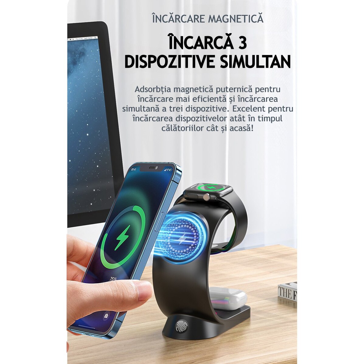 Incarcator Wireless 3 in 1 cu Lumini RGB VENTLEX, Tip statie de ...