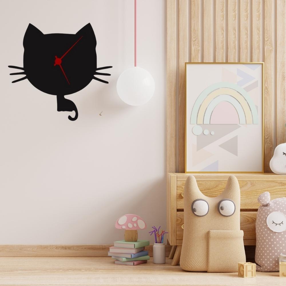Ceas metalic de perete Krodesign Cat KRO-1245, Inaltime 48 cm, negru ...