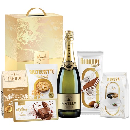 Pachet cadou Dolceria cu vin spumant Rovello, praline Heidi, cafea G ...