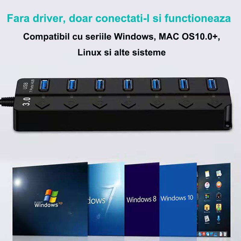 Hub USB, 7in1, Cu butoane Pornire, Negru - eMAG.ro