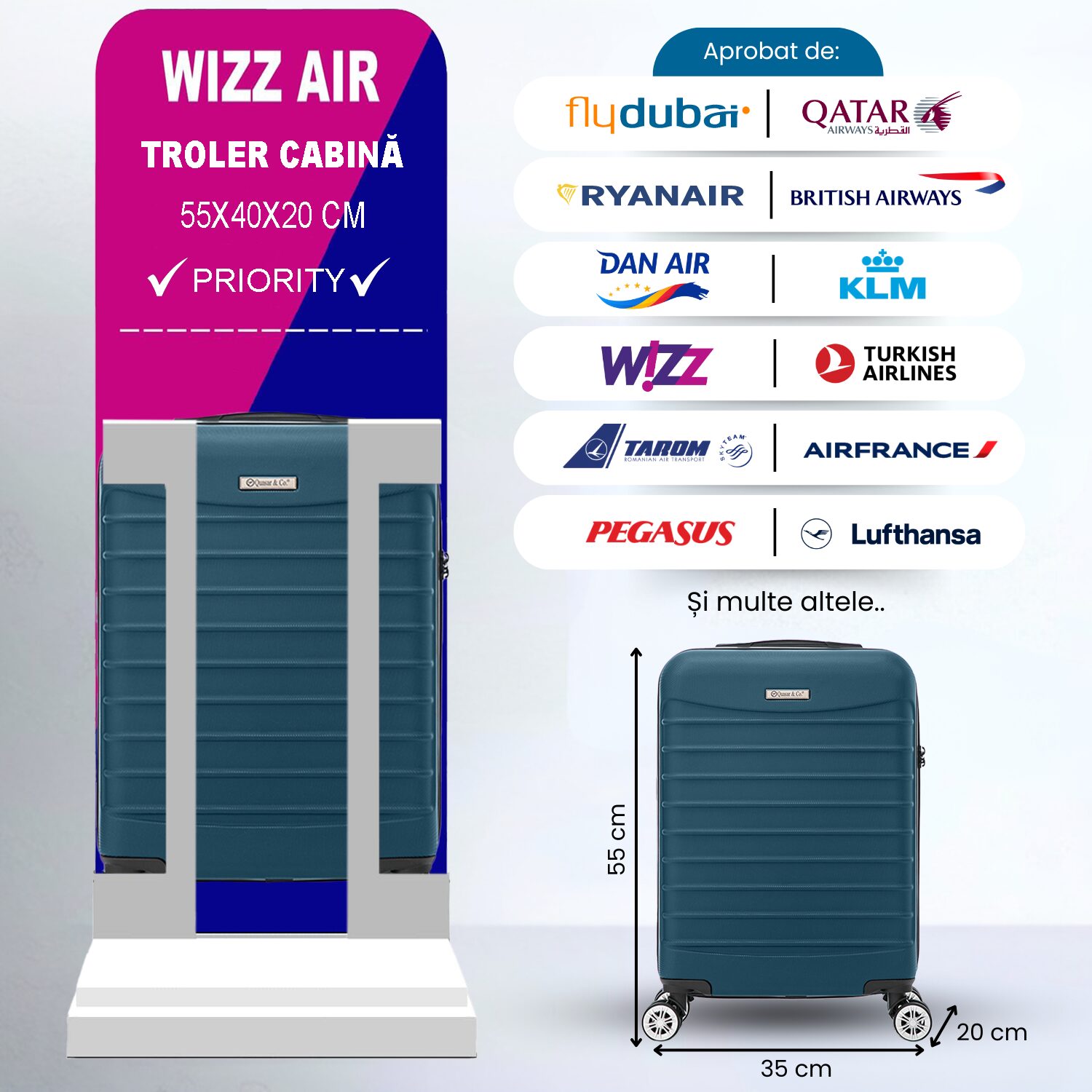 Troler cabina avion Quasar & Co.®, 55x36x20cm, bagaj de mana, valiza cu ...