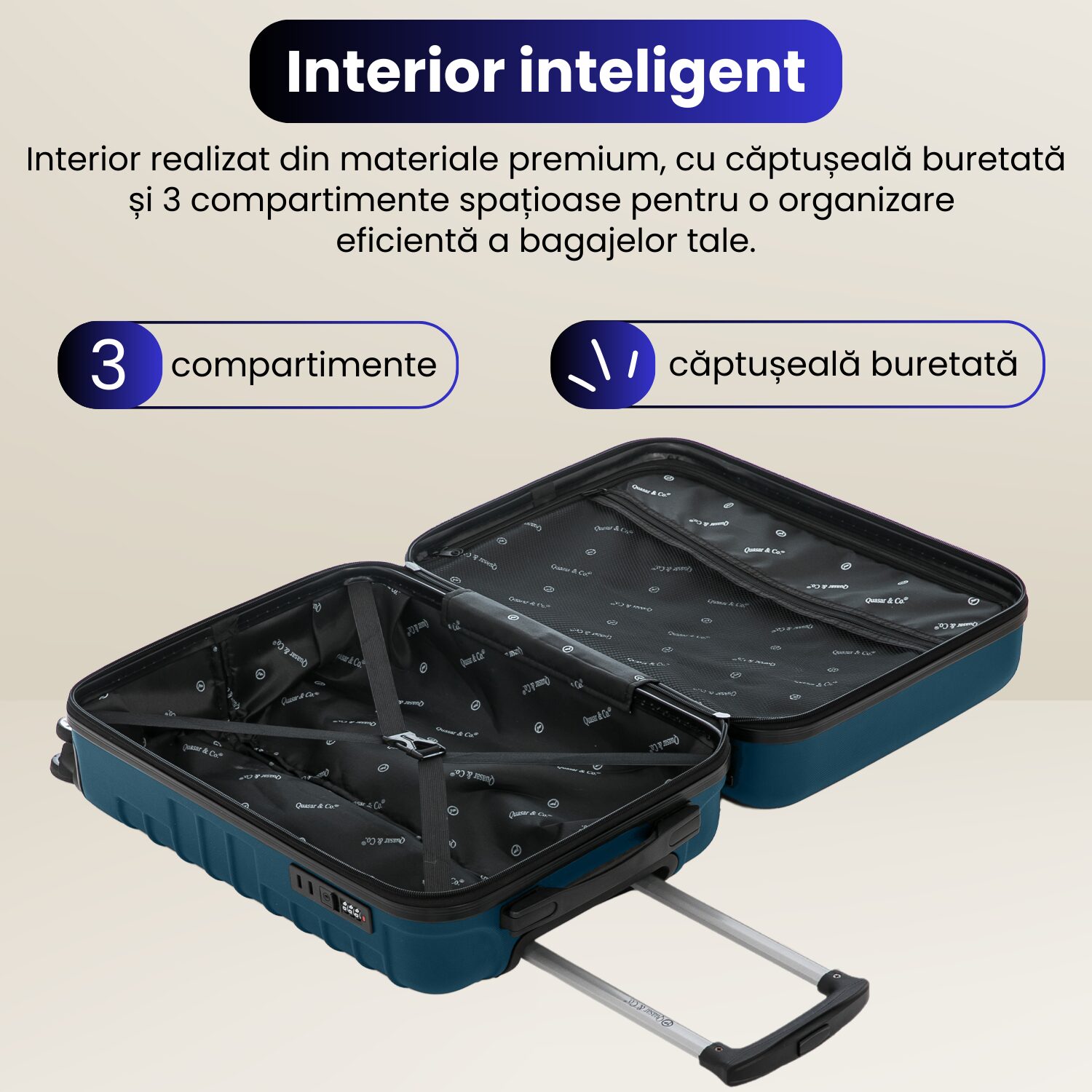 Troler cabina avion Quasar & Co.®, 55x36x20cm, bagaj de mana, valiza cu ...