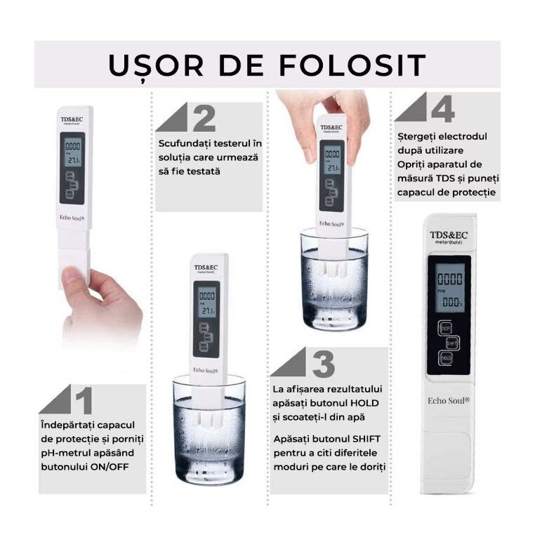 Set 2 testere de calitate a apei potabile, 4 in 1, Verificare digitala ...