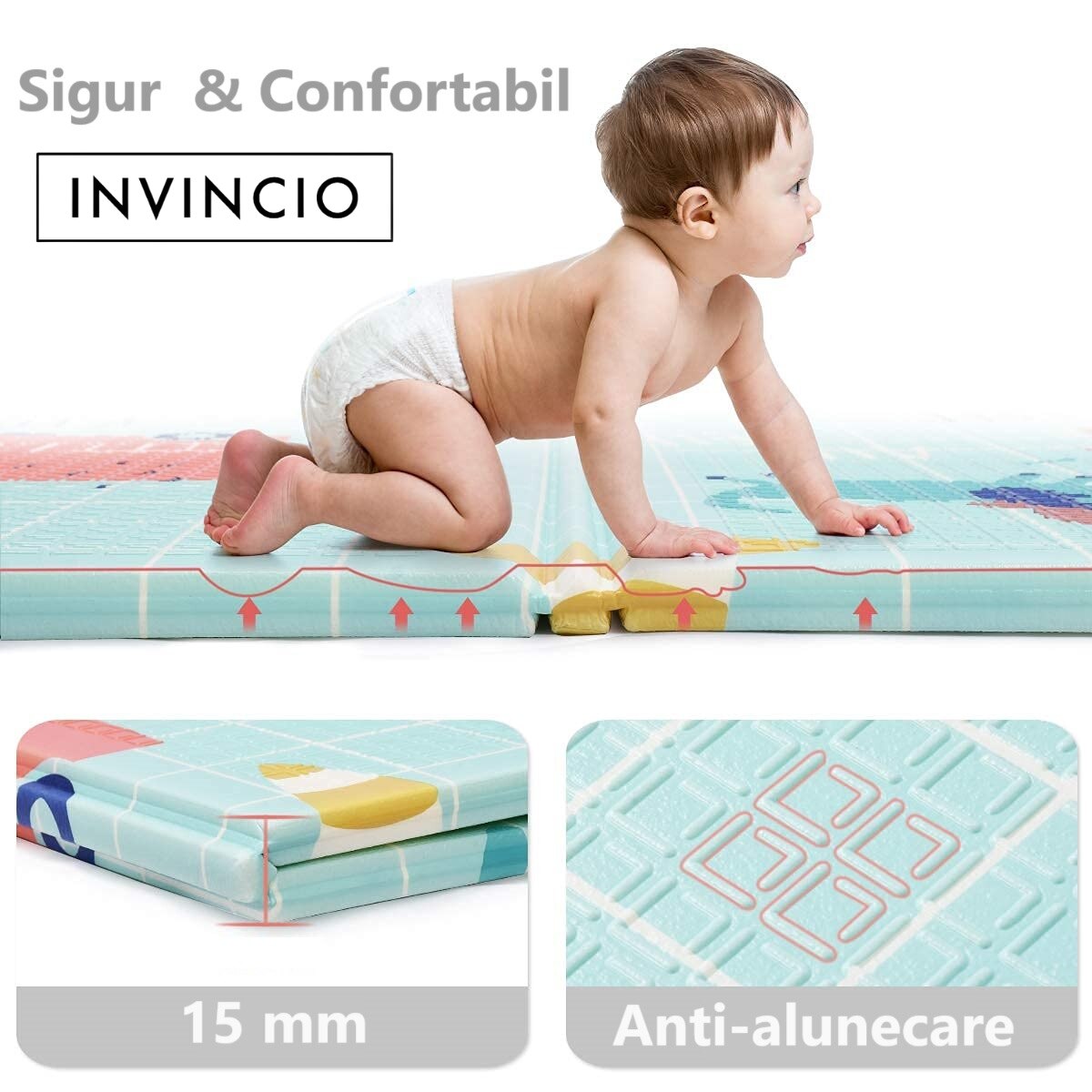 Covor de joaca pentru copii INVINCIO Anti-trauma, pliabil, print 2 fete ...
