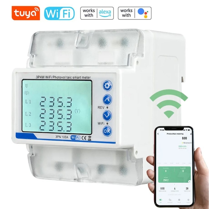 Releu wifi smart trifazic, tuya, 100A, reglabil, contor de energie ...