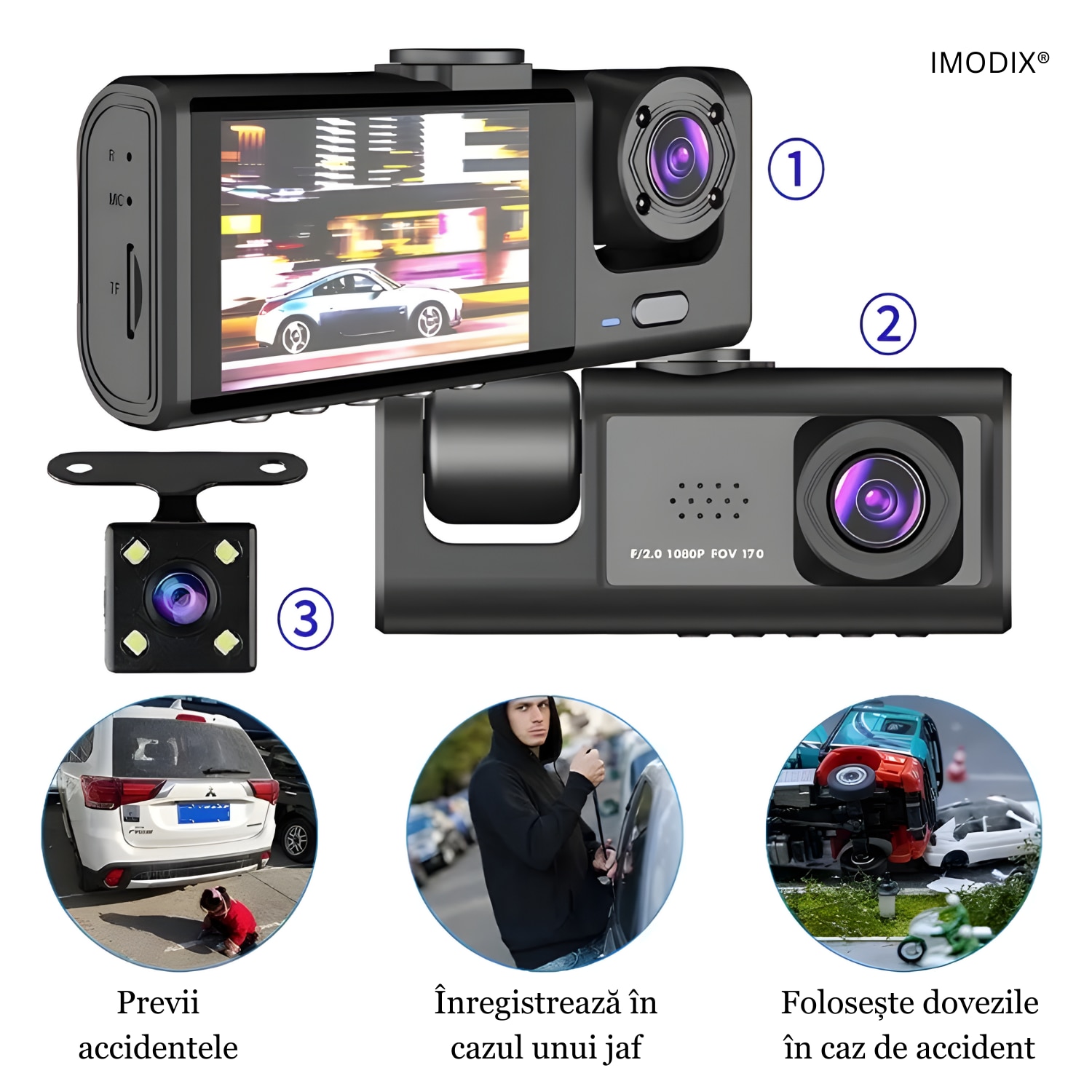 Camera Auto Tripla De Bord DVR, IMODIX®, Full HD 1080P, 3 Lentile ...