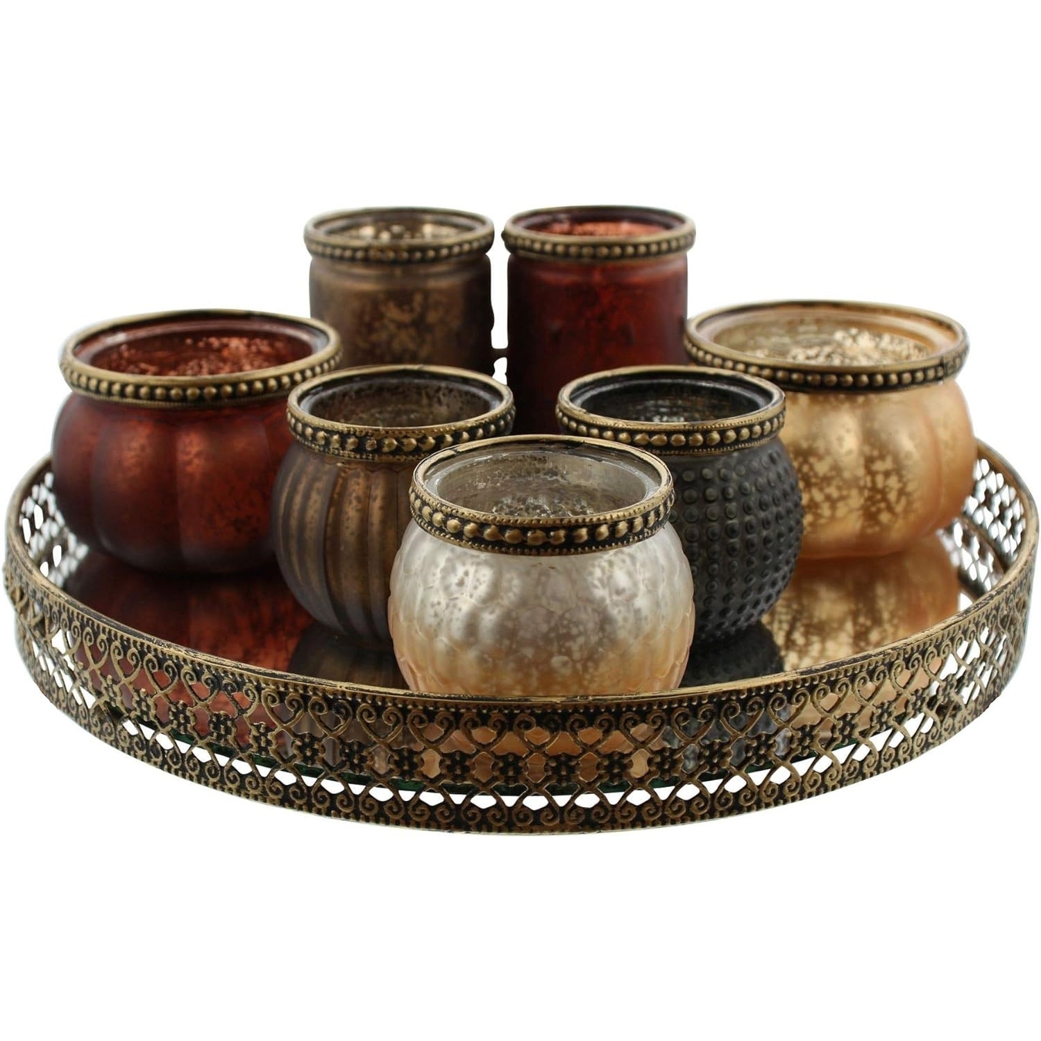 Tava servire, din metal cu oglinda rotunda, culoare bronz antichizat ...