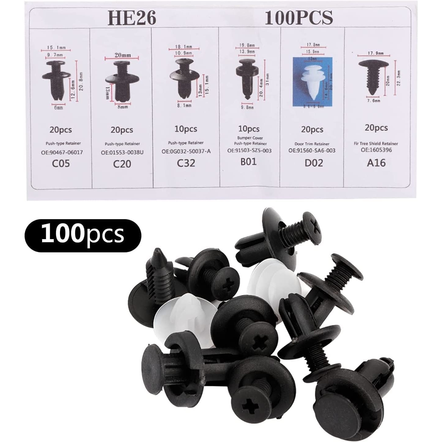 Set 100 cleme de fixare pentru masina, Mmgoqqt, Plastic, Negru/Alb ...