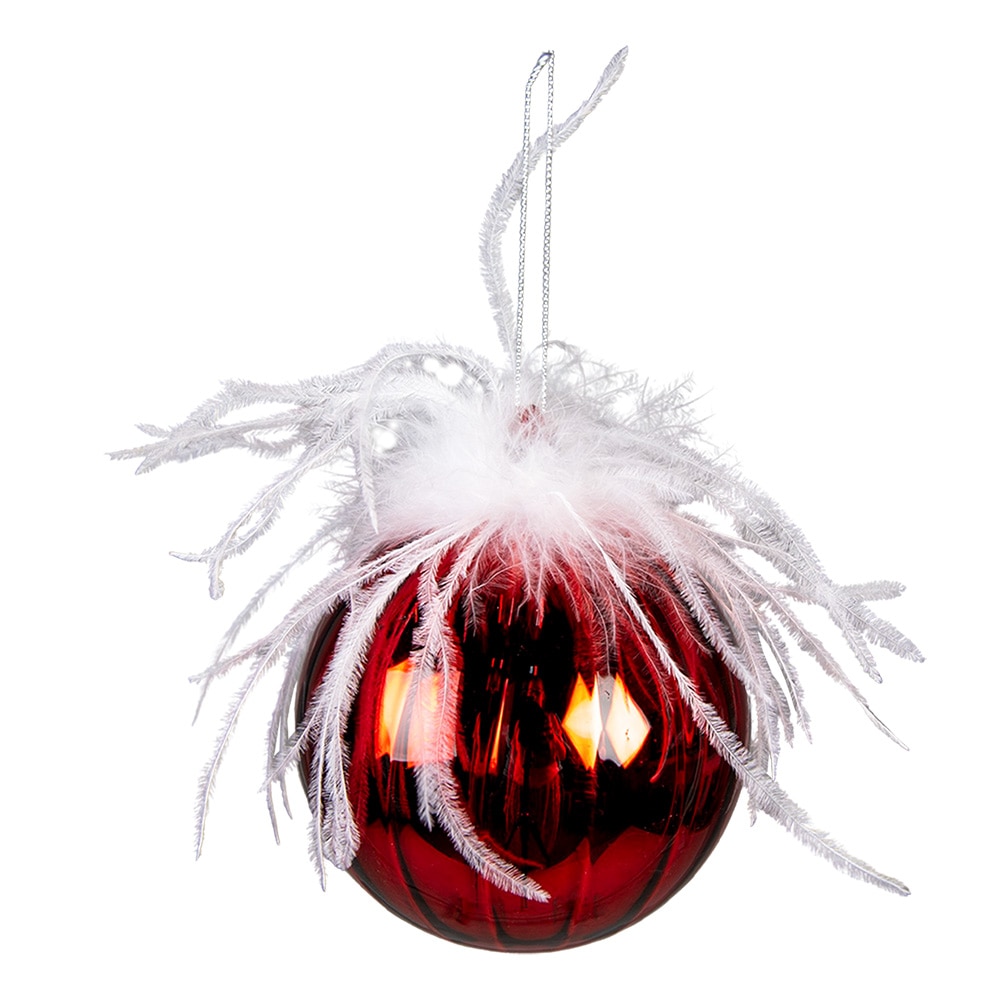 Комплект от 4 червени стъклени коледни топки с бели пера Xmas 10x10 см ...