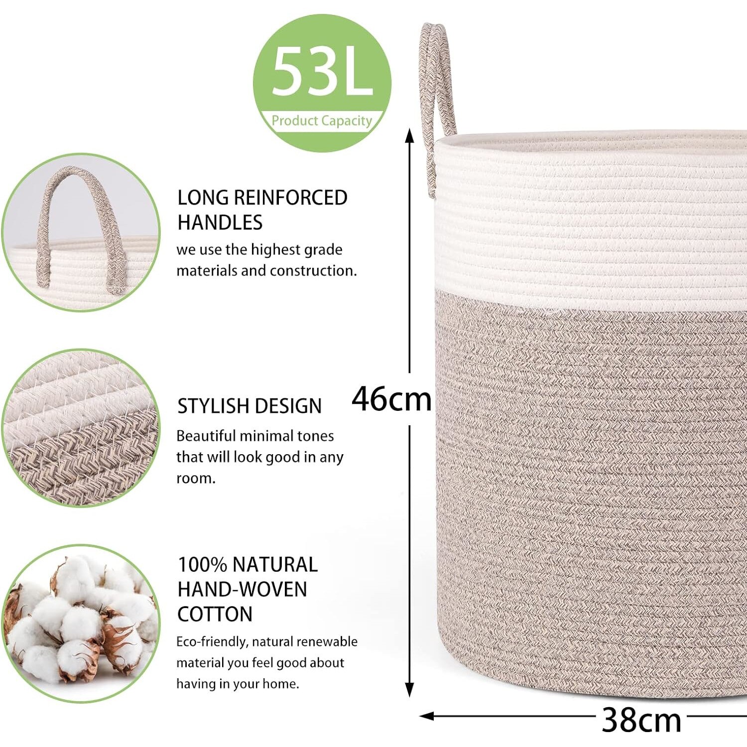 Кош за пране, плат, 53 л, MunDeir, бяло/кафяво - eMAG.bg