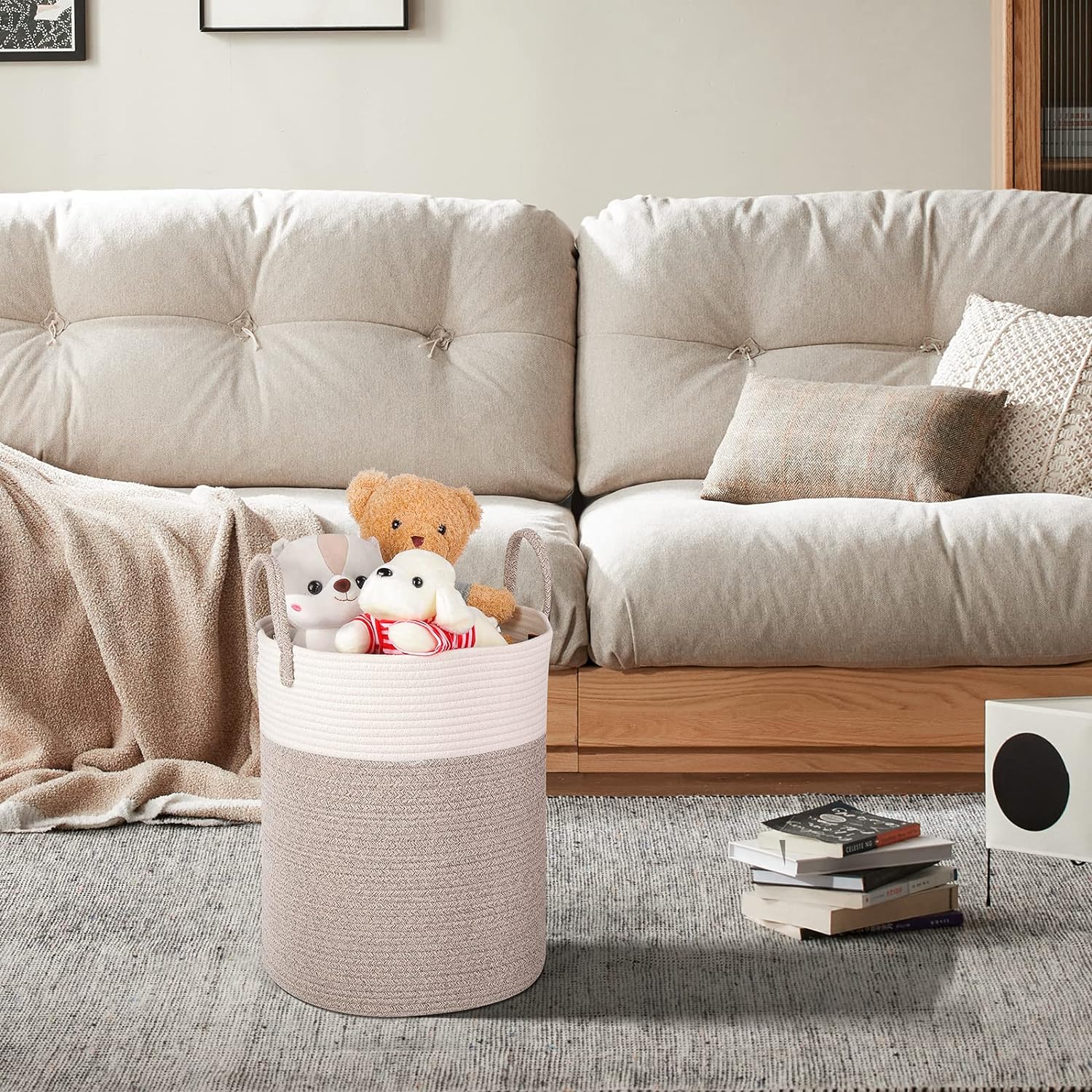 Кош за пране, плат, 53 л, MunDeir, бяло/кафяво - eMAG.bg