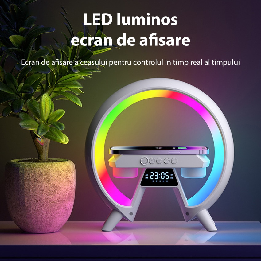 Lampa Smart LED RGB, Chucai, Incarcator Wireless 15W, Difuzor Bluetooth ...
