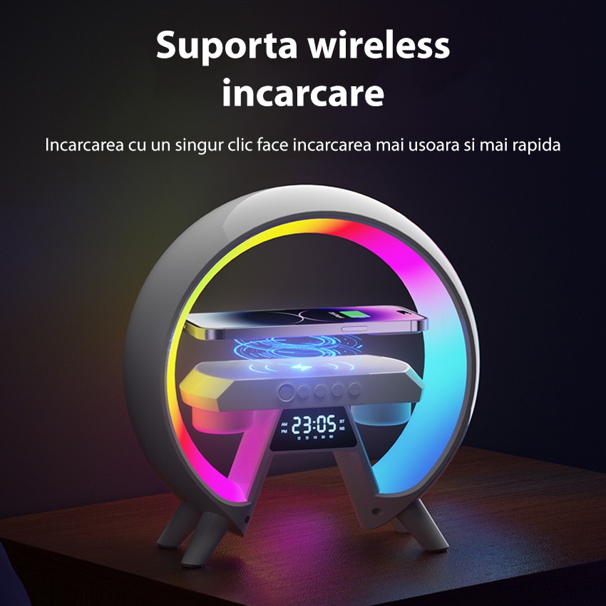 Lampa Smart LED RGB, Chucai, Incarcator Wireless 15W, Difuzor Bluetooth ...