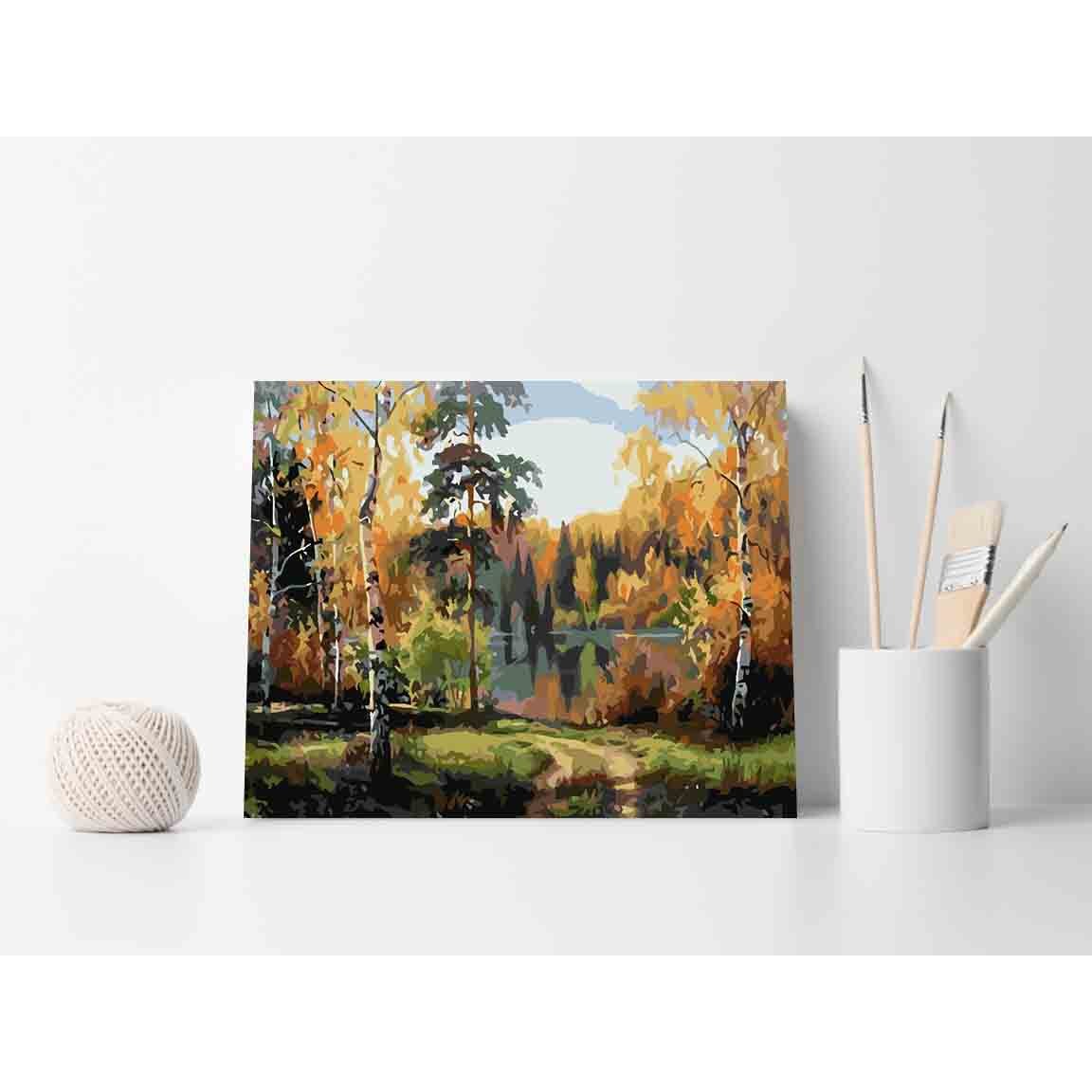 Set pictura pe numere Peisaj de toamna 3749, panza bumbac pe rama lemn ...