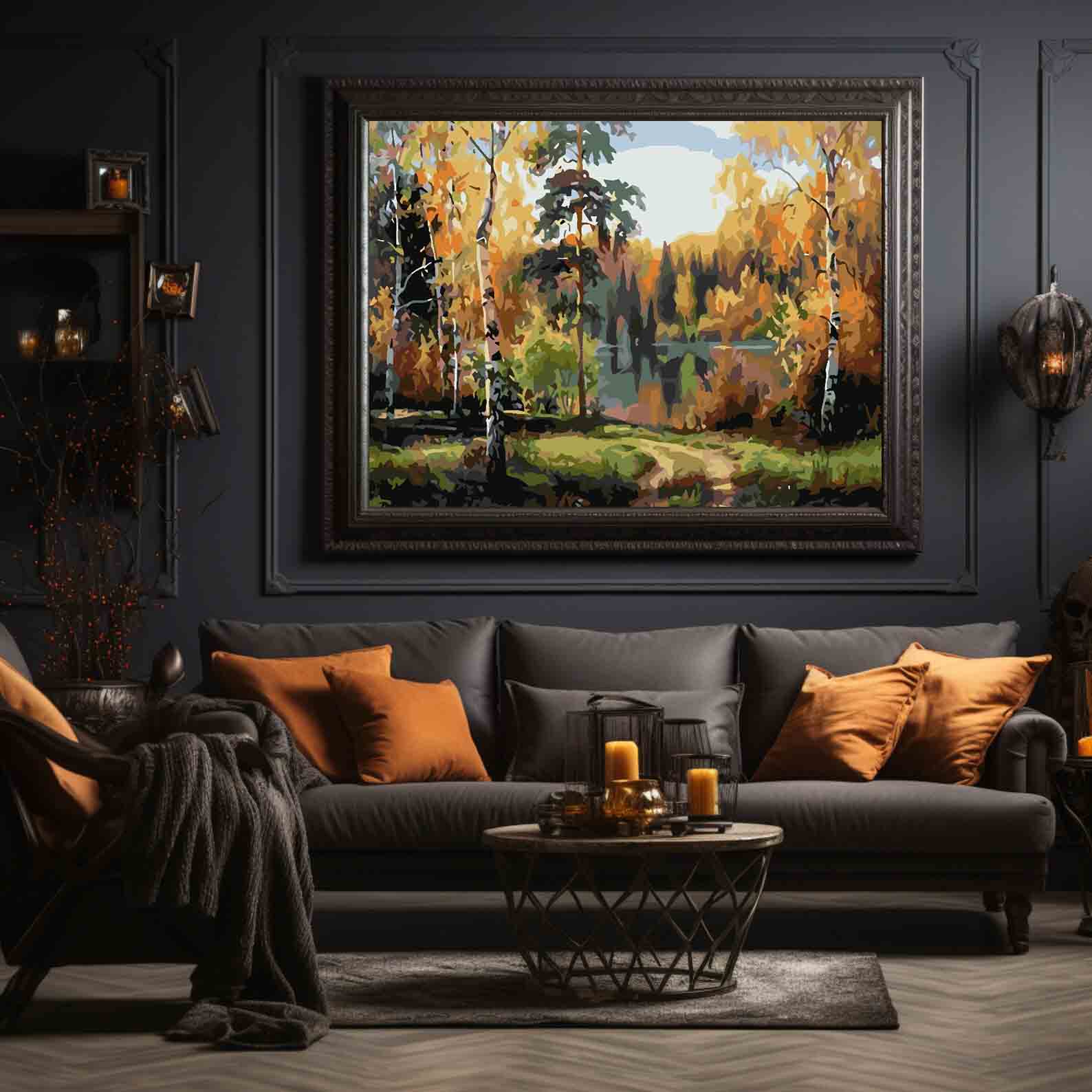 Set pictura pe numere Peisaj de toamna 3749, panza bumbac pe rama lemn ...