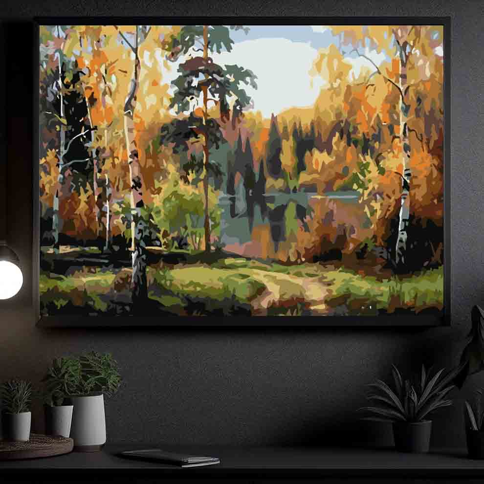 Set pictura pe numere Peisaj de toamna 3749, panza bumbac pe rama lemn ...