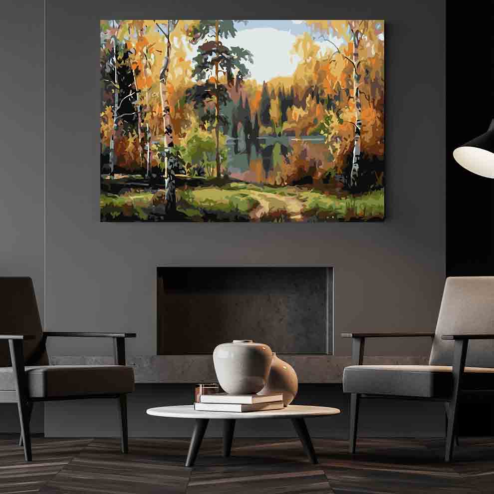 Set pictura pe numere Peisaj de toamna 3749, panza bumbac pe rama lemn ...