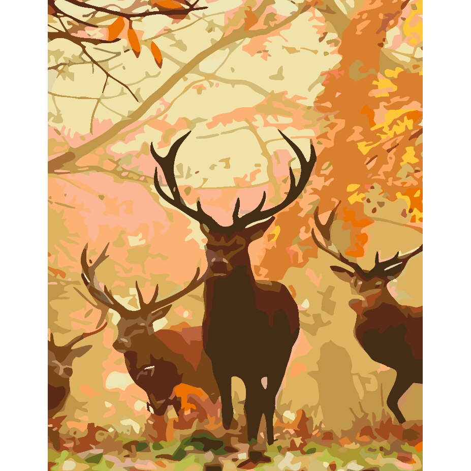 Set pictura pe numere Cerbi in padure toamna 3750, panza bumbac pe rama ...