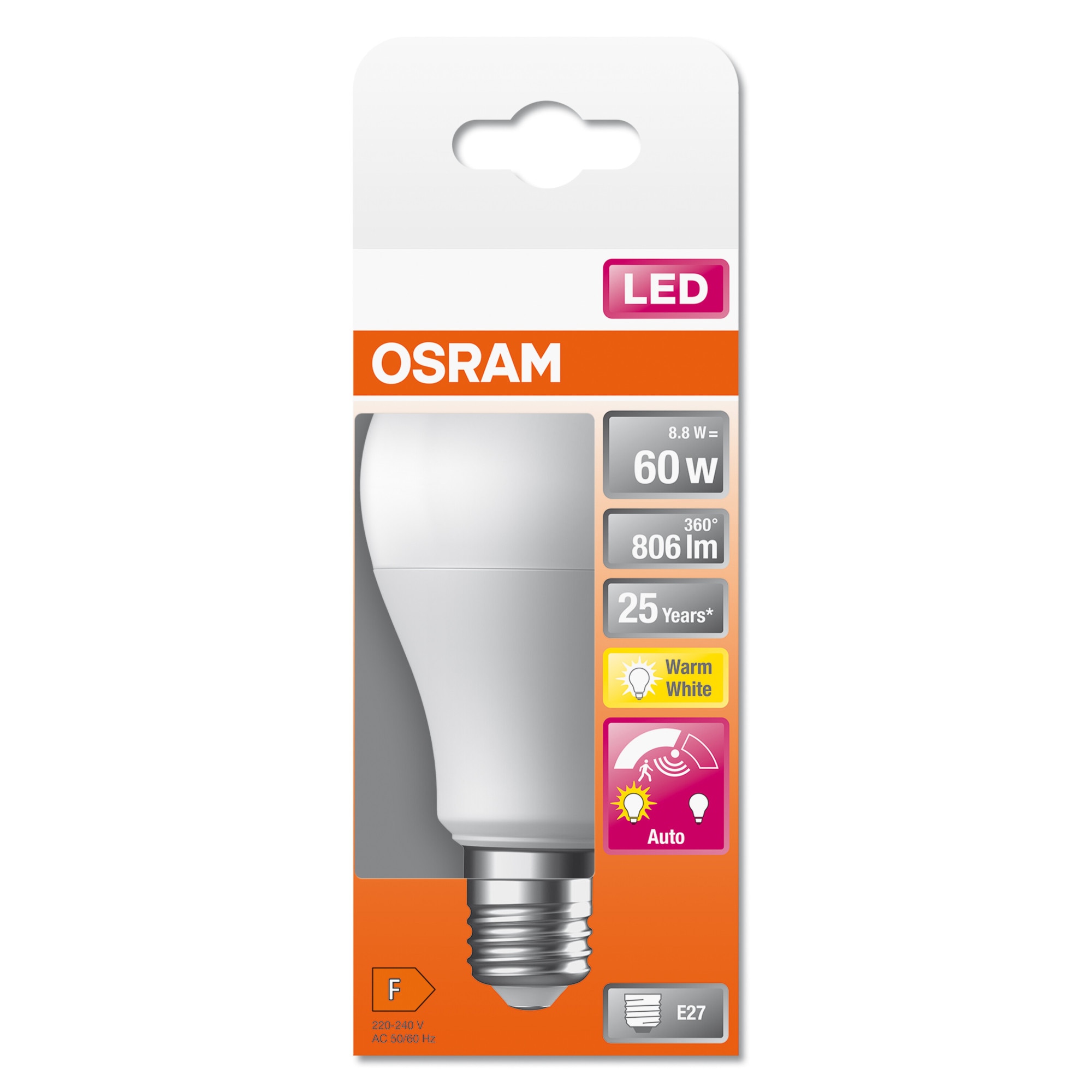 Bec LED Osram, cu senzor miscare, A60, E27, 8.8W (60W), 806 lm, lumina ...