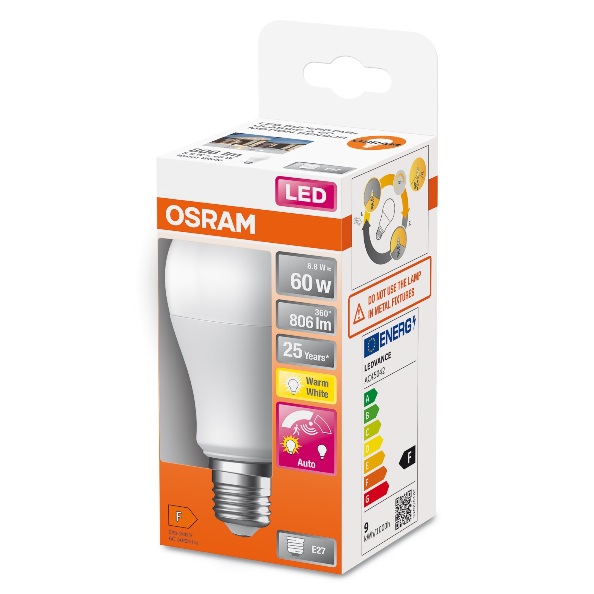 Bec LED Osram, cu senzor miscare, A60, E27, 8.8W (60W), 806 lm, lumina calda (2700K), clasa ...