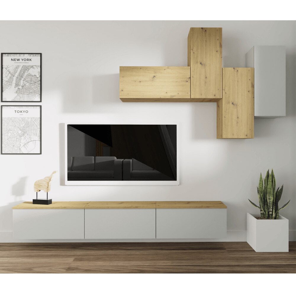 Set mobilier living mdf gri stejar artisan Oten 216x32x190 cm - eMAG.ro