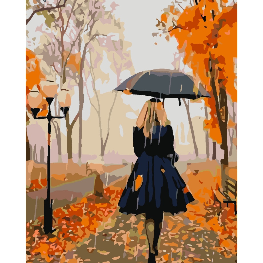 Set pictura pe numere Fata cu umbrela 3782, panza bumbac pe rama lemn ...
