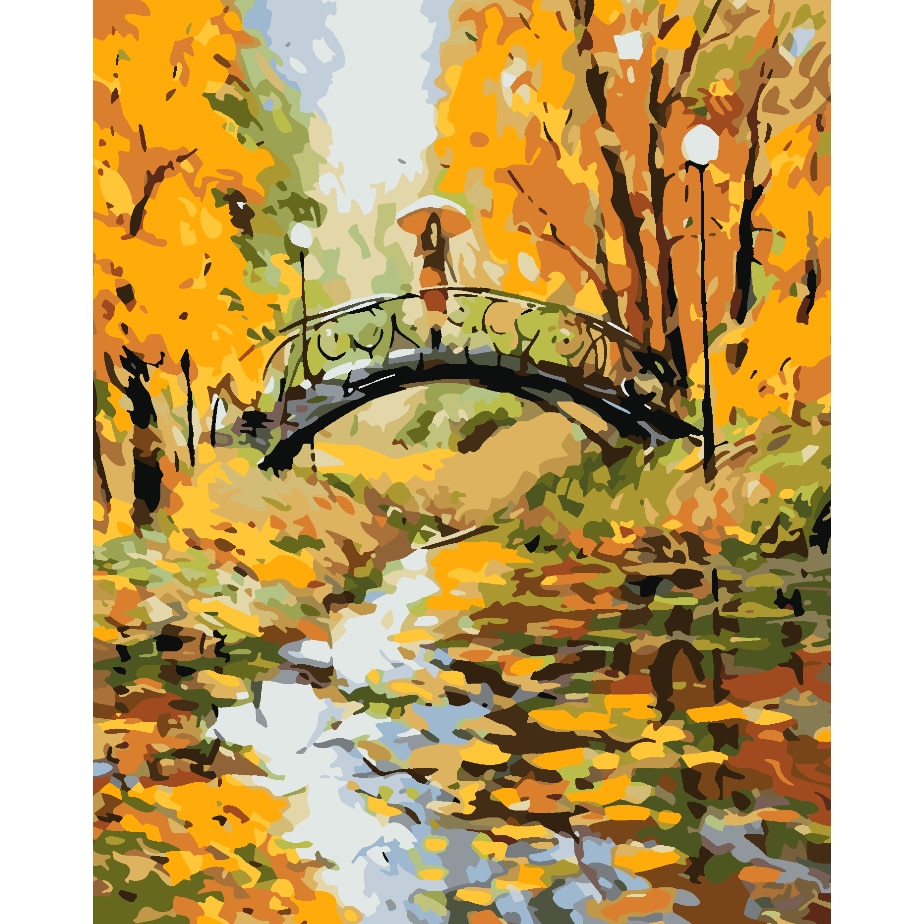 Set pictura pe numere Peisaj de toamna 3783, panza bumbac pe rama lemn ...