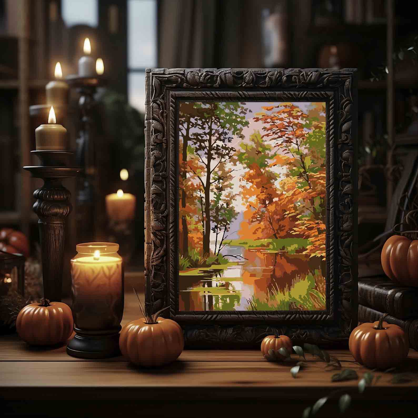 Set pictura pe numere Peisaj de toamna 3790, panza bumbac pe rama lemn ...