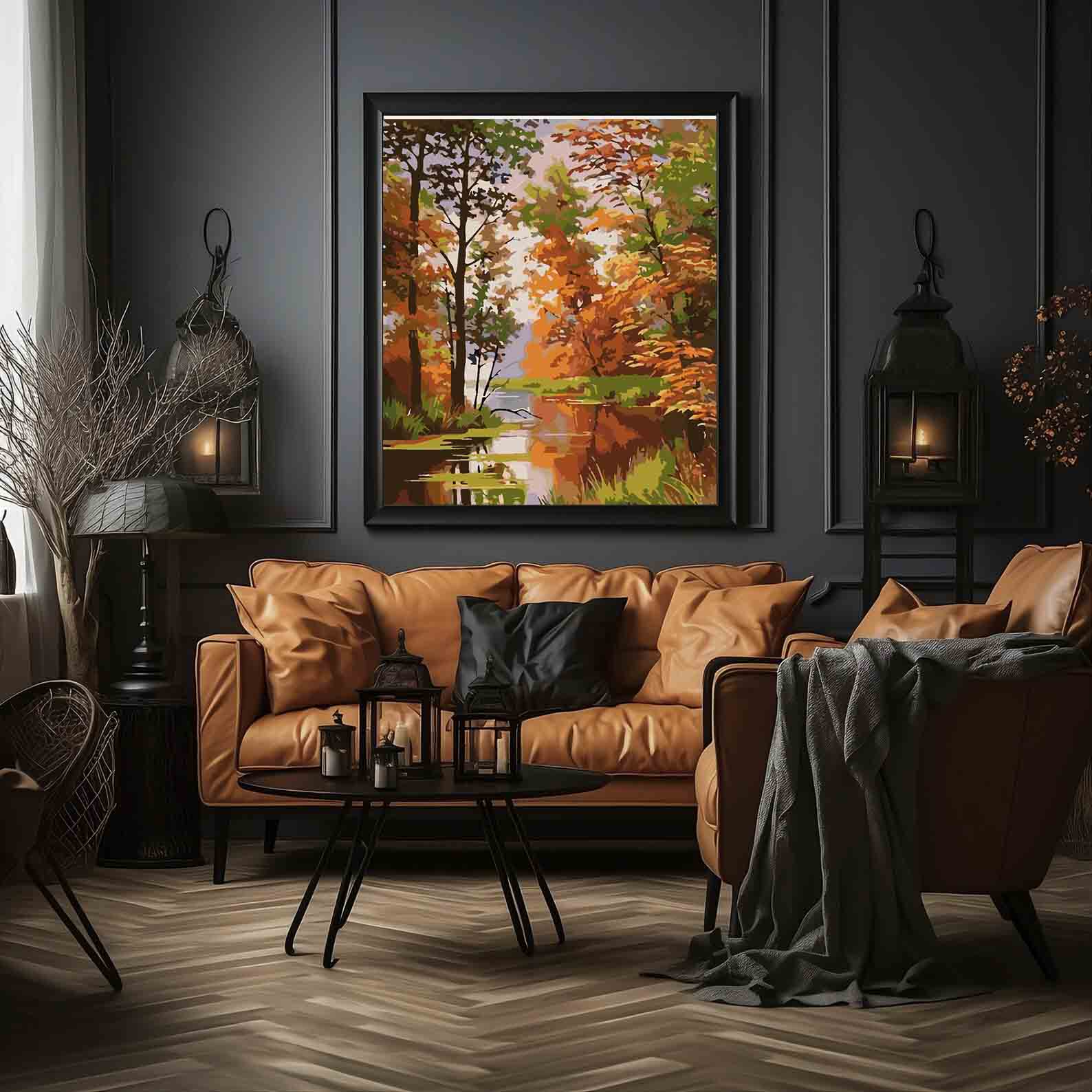 Set pictura pe numere Peisaj de toamna 3790, panza bumbac pe rama lemn ...