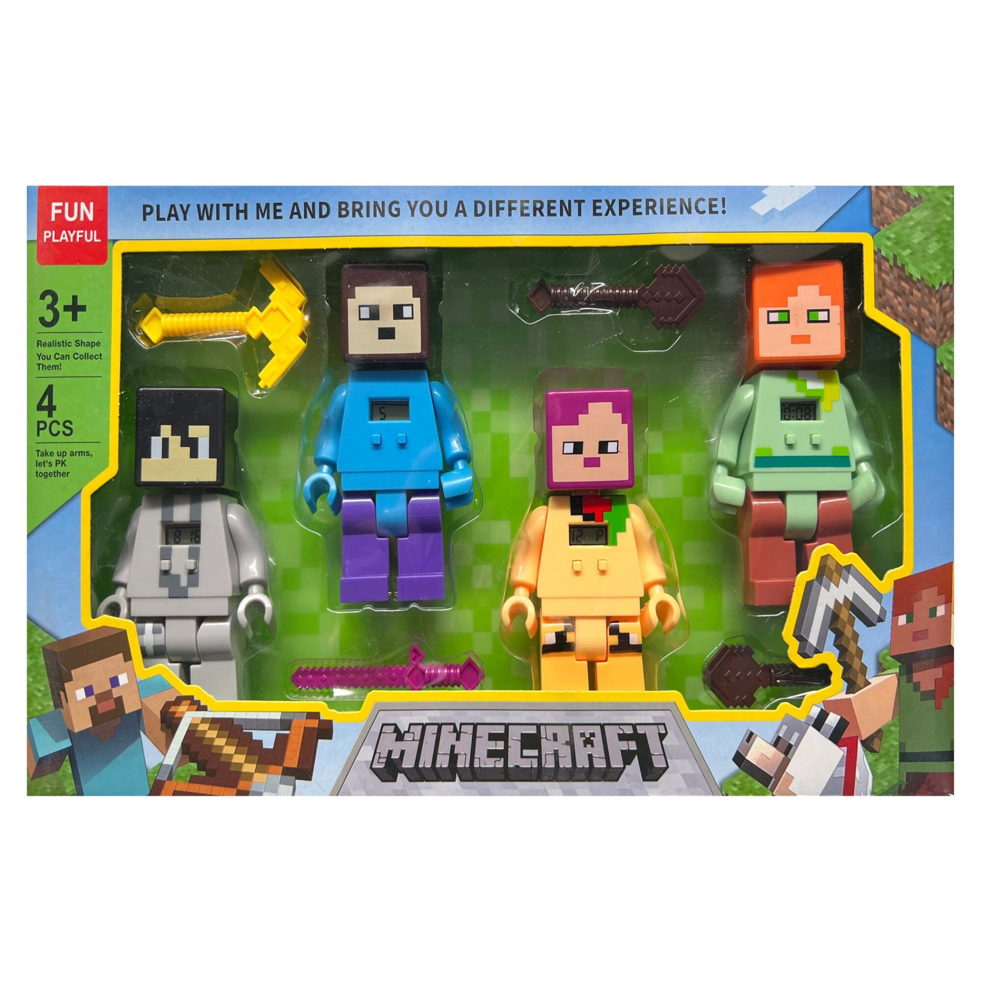 Set 4 figurine Minecraft cu ceas si accesorii incluse, Multicolor, 10 ...