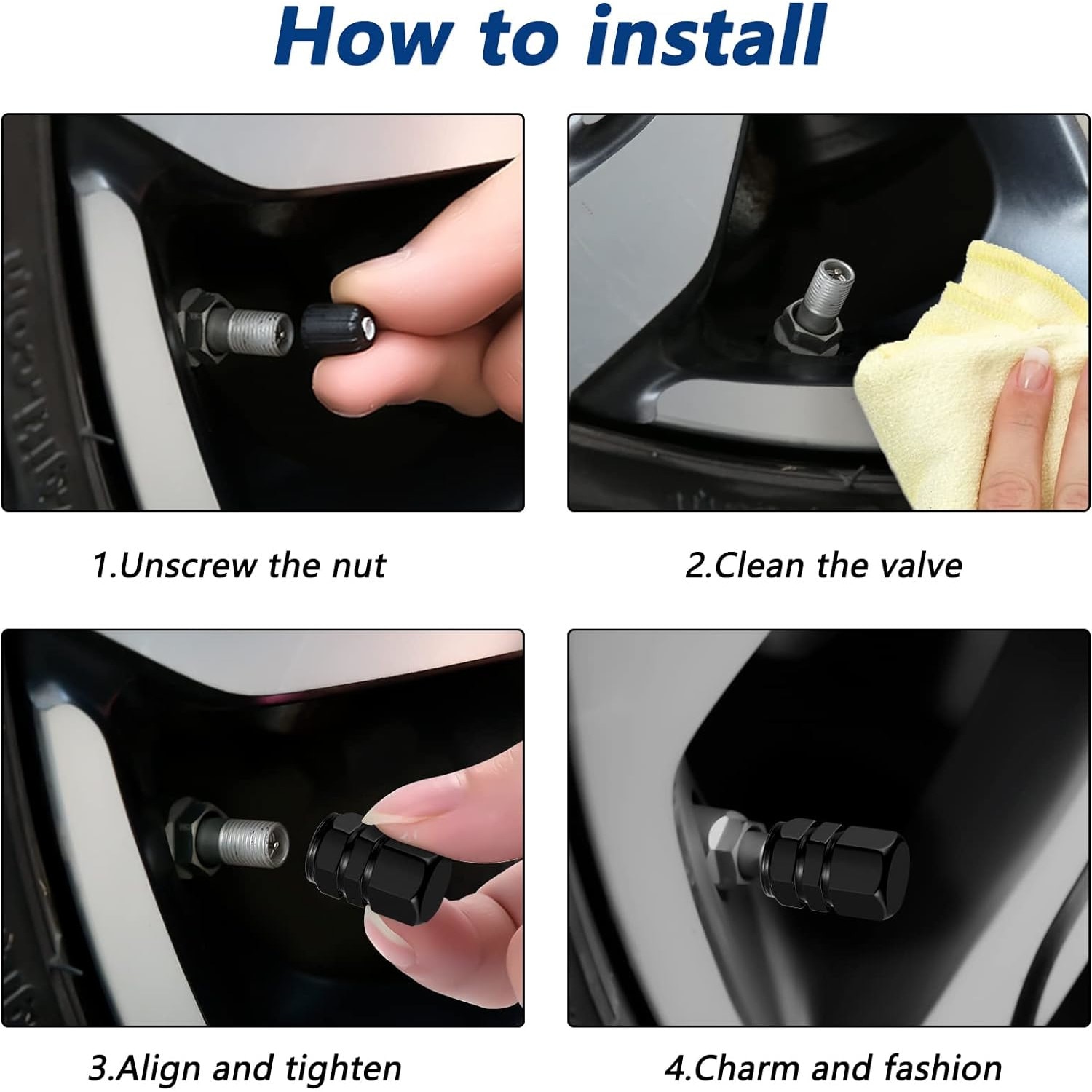 Set 4 capacele pentru ventil auto din aluminiu, negru - eMAG.ro