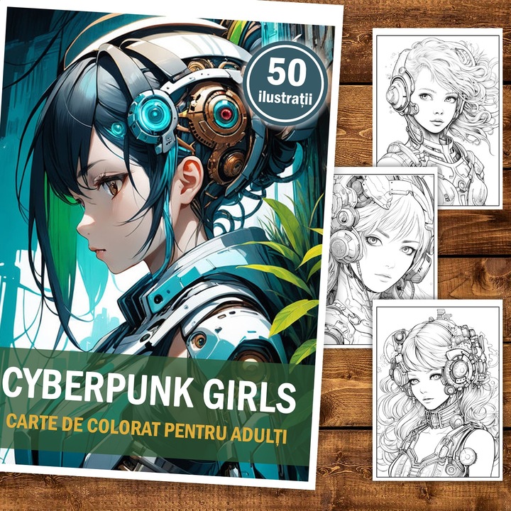Carte de colorat, 50 de ilustratii, Cyberpunk Girls, 106 pagini - eMAG.ro