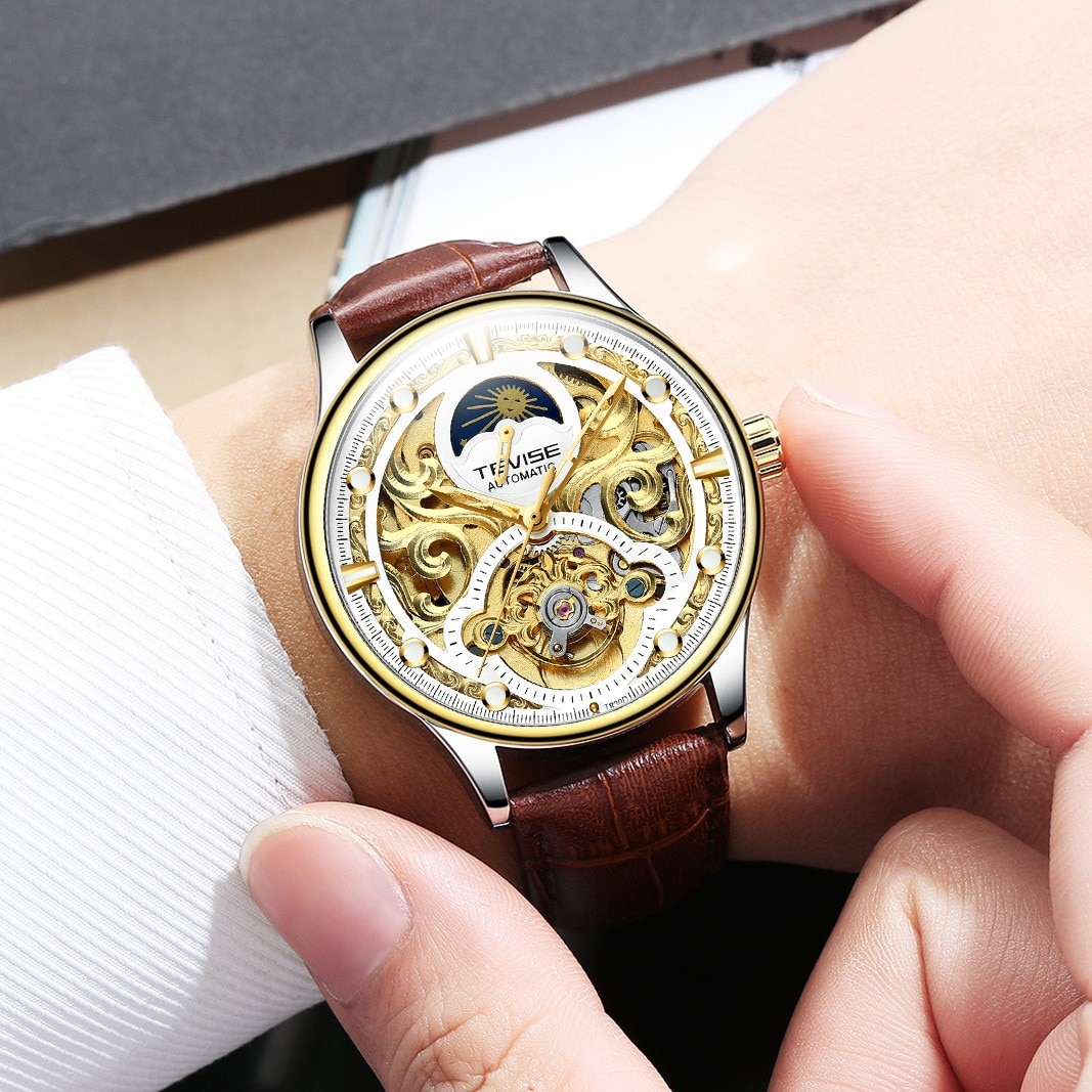 Ceas de mana barbati Tevise Mecanic Automatic Skeleton Elegant Luxury ...
