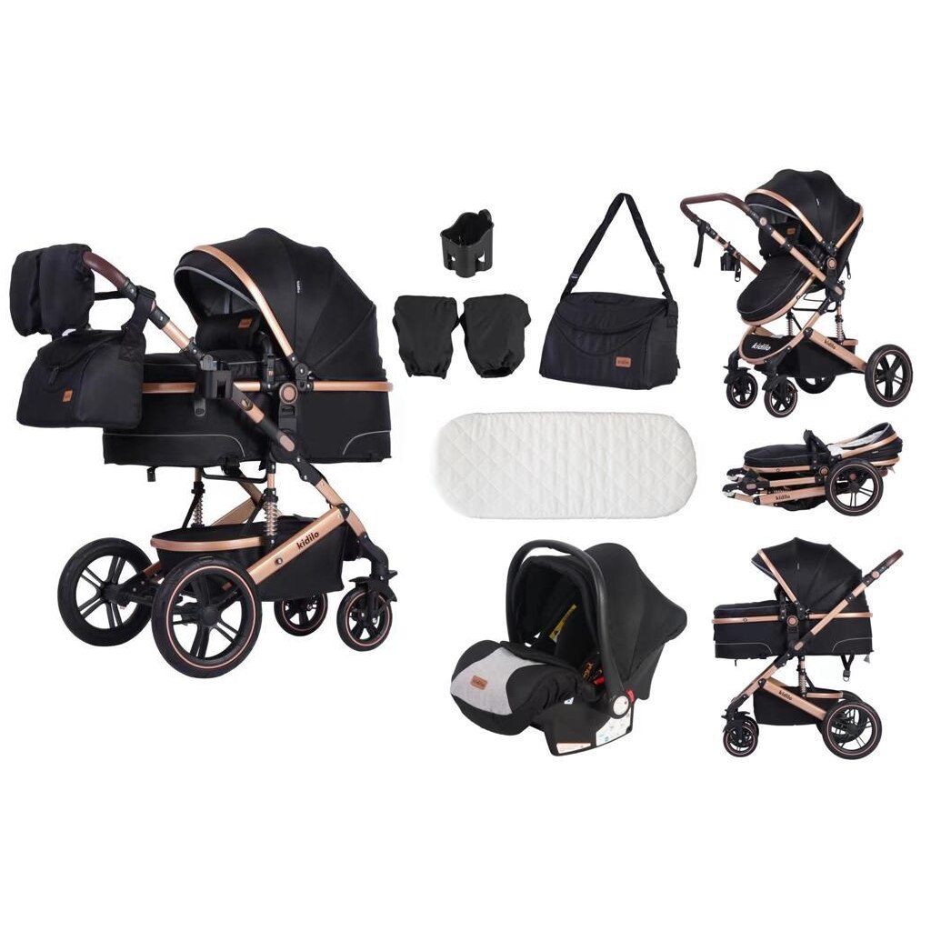 Количка 3 в 1 Premium, Kidilo, черна, чанта, предпазни ръкавици, защита ...