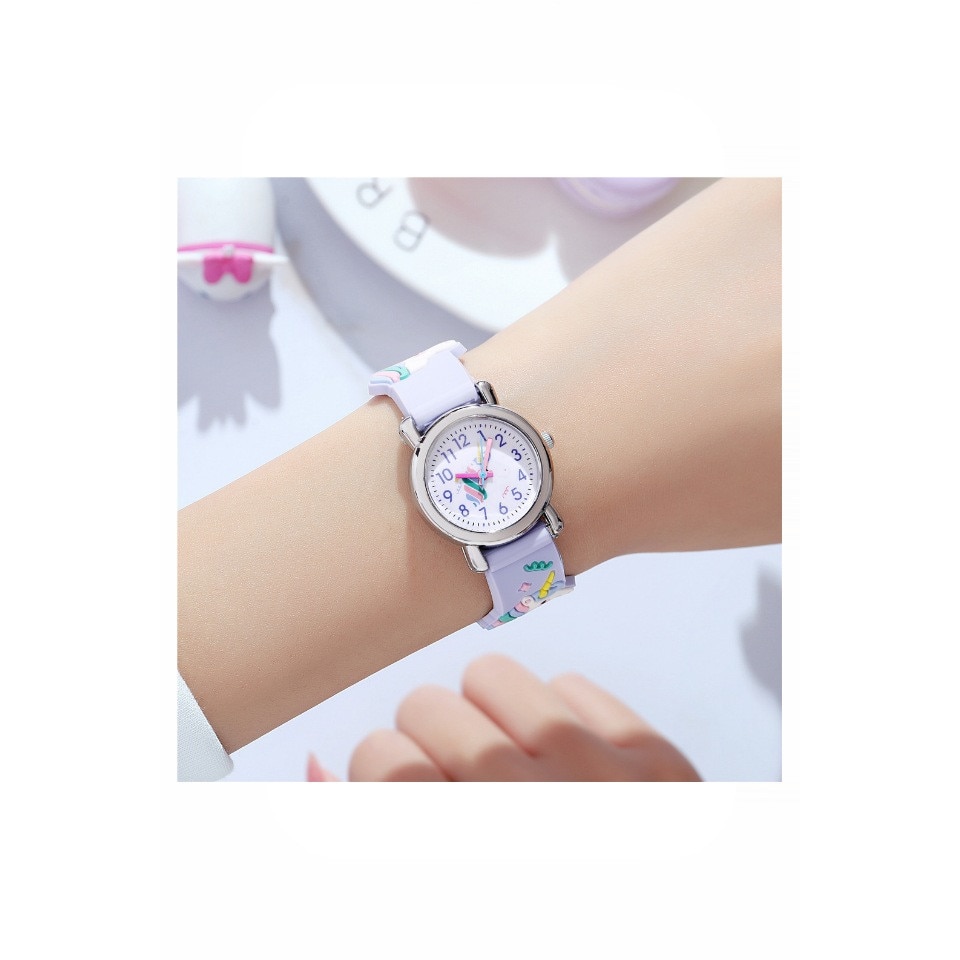 Ceas de copii Rainbow Unicorn cu cadran alb si curea lila din silicon ...