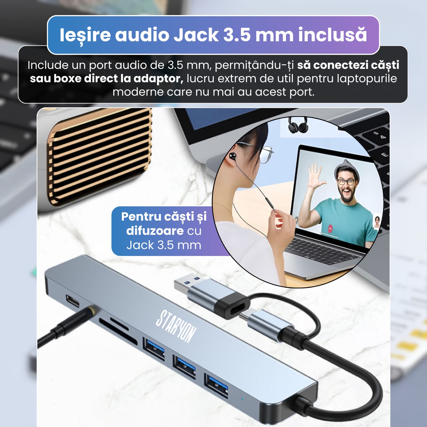 Adaptor HUB USB-A/USB-C Multiport 8-in-1 Staryon® - 3.5 mm Jack Audio ...