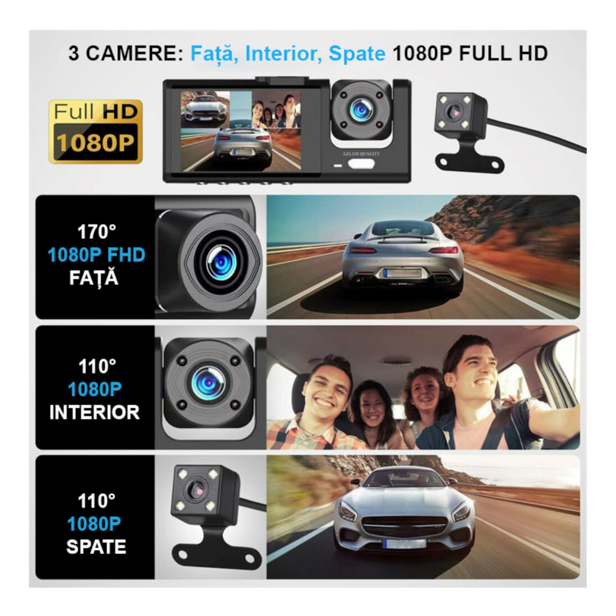 Camera auto tripla de bord Full HD 1080P, 3 Lentile, Unghi inregistrare ...