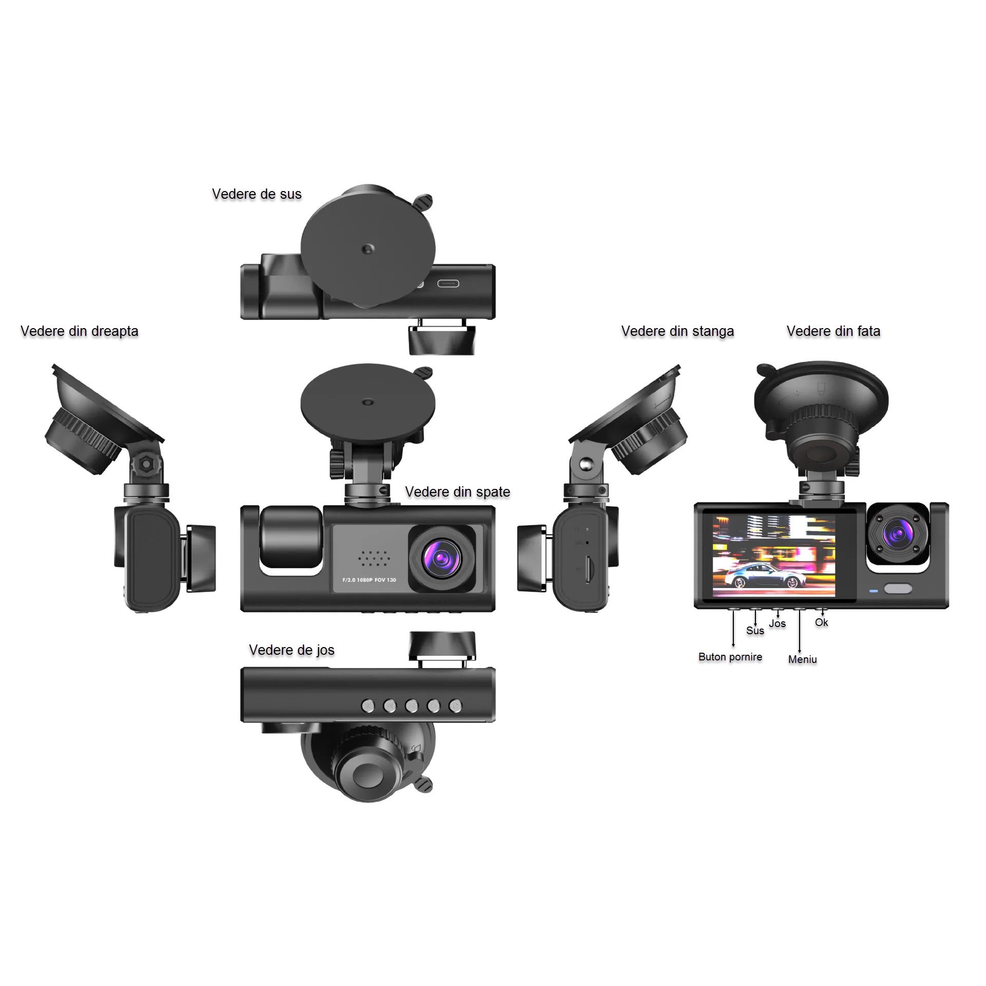 Camera auto tripla de bord Full HD 1080P, 3 Lentile, Unghi inregistrare ...