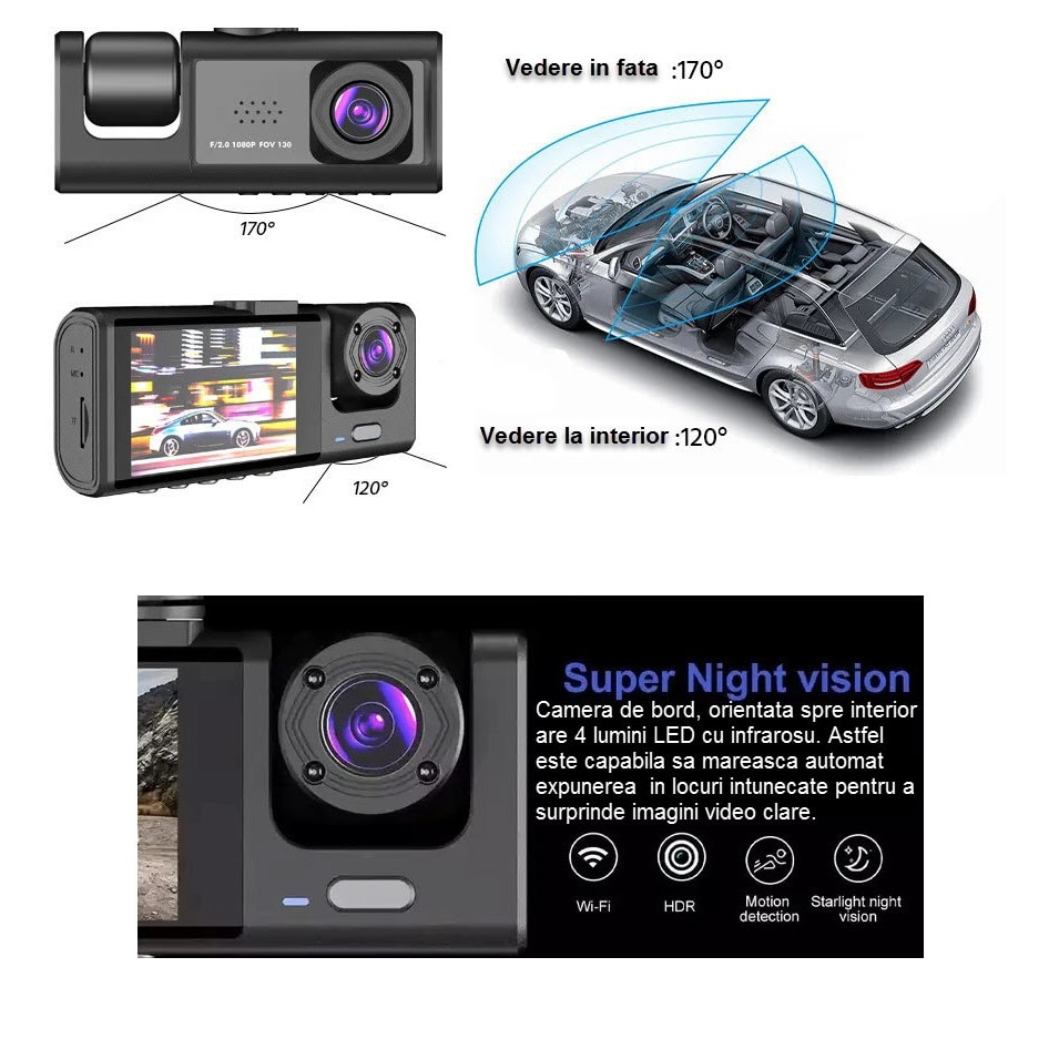Camera auto tripla de bord Full HD 1080P, 3 Lentile, Unghi inregistrare ...