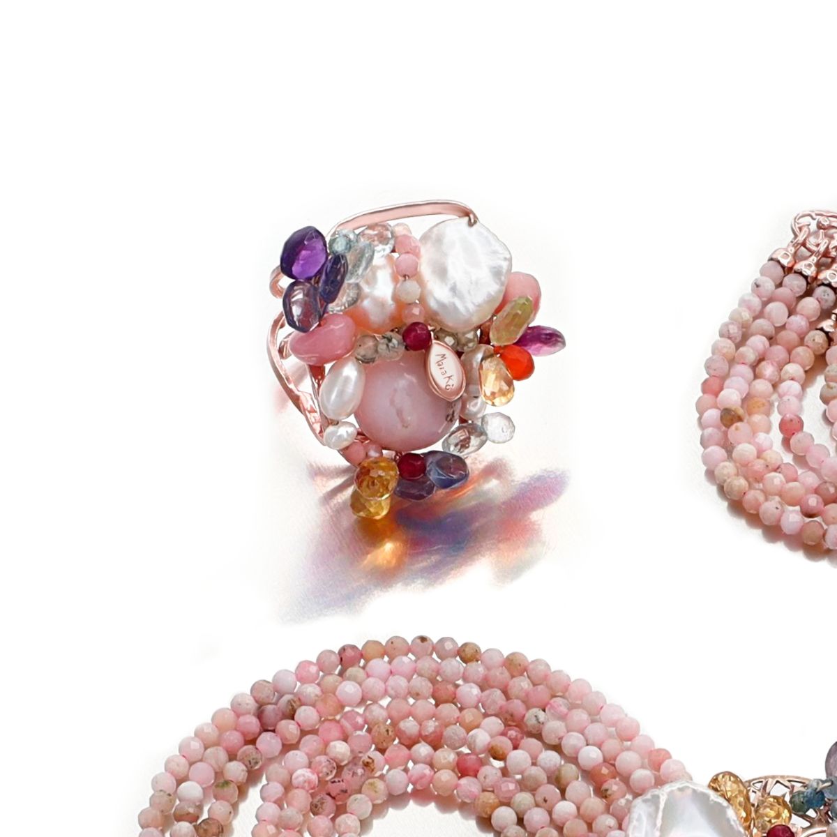 Inel Rainbow, reglabil, din opal, cuart si perle - eMAG.ro