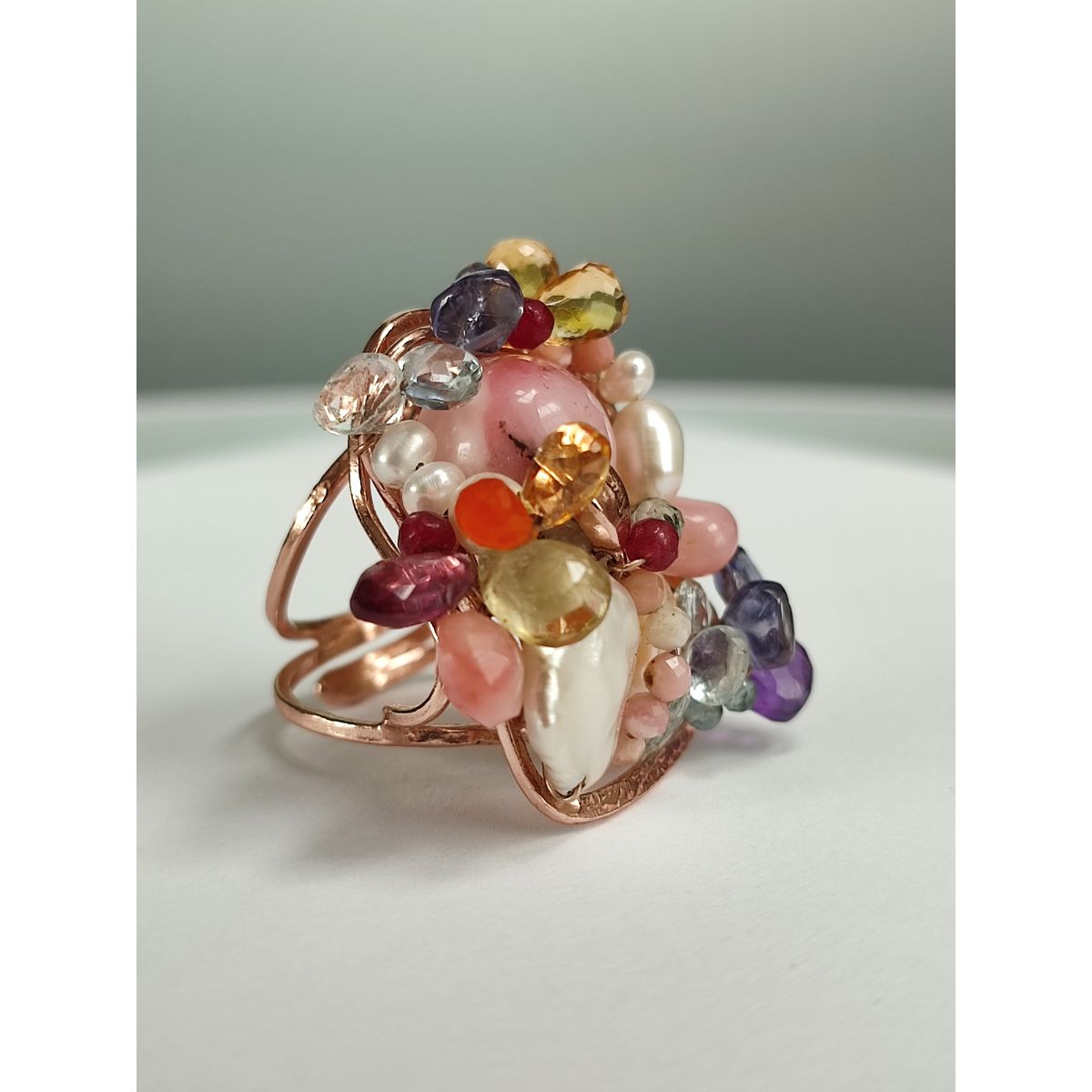 Inel Rainbow, reglabil, din opal, cuart si perle - eMAG.ro