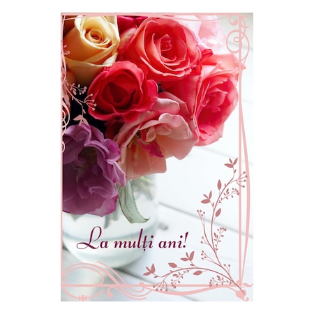 Felicitare "La multi ani!", imagine cu flori rosii, 120 x 180 mm ...