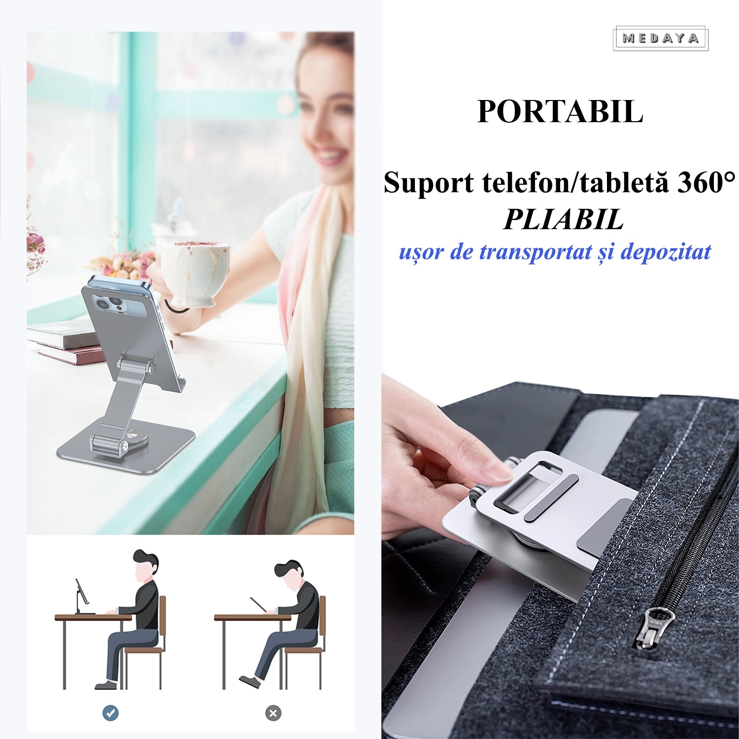 Suport telefon Medaya® rotativ 360°, portabil, de birou, tableta, iPad ...