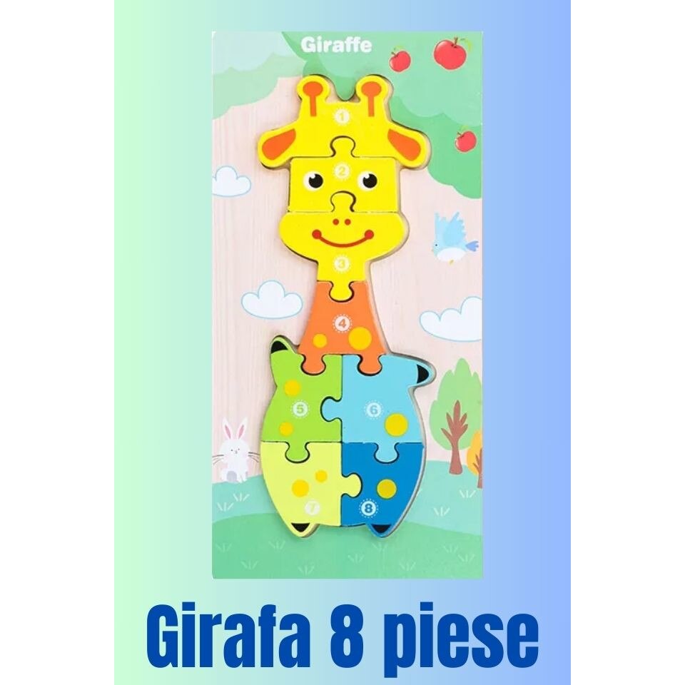 Jucarie educativa pentru copii, puzzle 3D din lemn incastru, Girafa cu ...